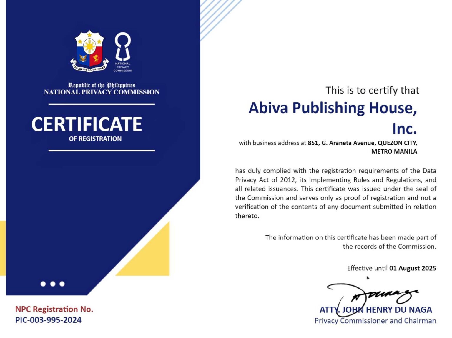 NPC Seal of Registration - Abiva Publishing House Inc.